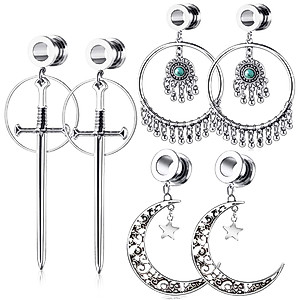 TIANCI FBYJS 3 Pairs Stainless Steel Dangle Ear Plugs Tunnels Gauges Stretcher Piercings 2g-0g-00g Earrings for Women Men (8mm=0g)