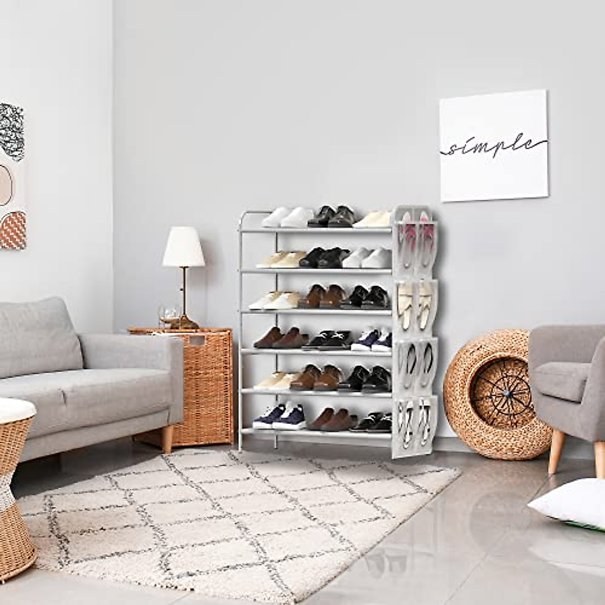 Simple Houseware 6-Tier Shoe Rack Storage Organizer w/Side Hanging Bag, Grey