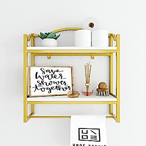 DR.IRON Gold Wall Bathroom Shelves with Towel Holder,Floating Bathroom Shelves Towel Rack for Bathroom Storage (2-Tier) (Gold Bracket & White Shelves)