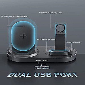 4 in 1 Wireless Charging Station, Getop Fast Charging Dock Stand with 2 USB Ports for Apple Watch, AirPods, Cell Phones, Wireless Charger Compatible with iPhone 12/11/11Pro/Xr/Xs/X/Max/8 Plus/Samsung