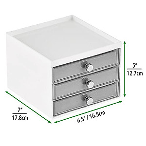 mDesign Plastic 3-Drawer Jewelry Organizer Box for Storage on Dresser, Vanity, Countertop - Holds Earrings, Bracelets, Necklaces, Bangles, Rings - White/Gray