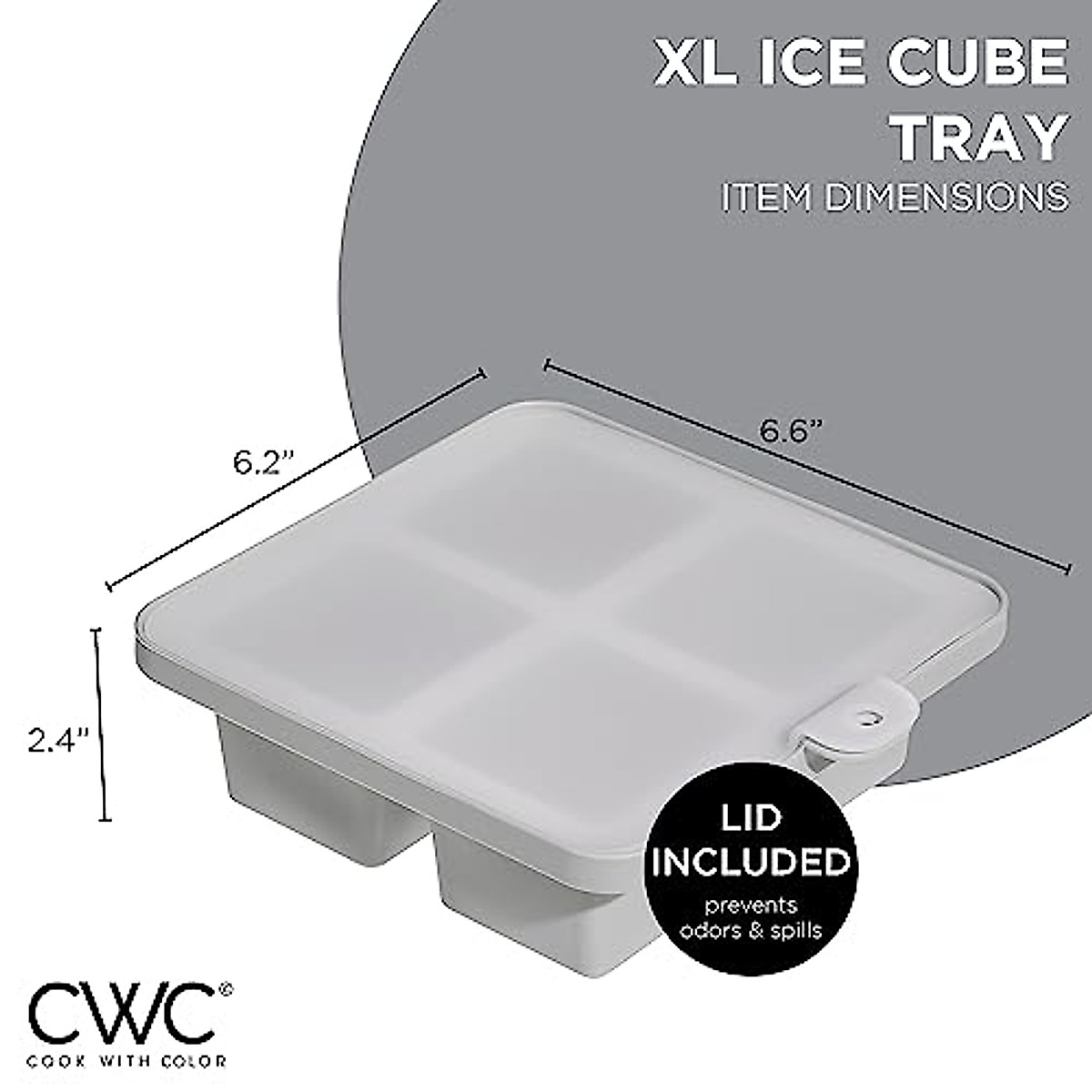 COOK WITH COLOR Silicone Ice Cube Trays - Large Ice Cube Maker Mold - Big Ice Cubes with Lid for Whiskey, Cocktails & Bourbon, for Baby Food and Leftovers (Grey)