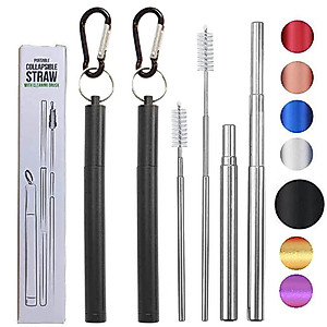 Hoshen Reusable Three-Section Foldable Metal Straw, Portable Telescopic Straw, Including Brush and Small Carabiner (Aluminum Alloy Shell), Black, 2 PCS