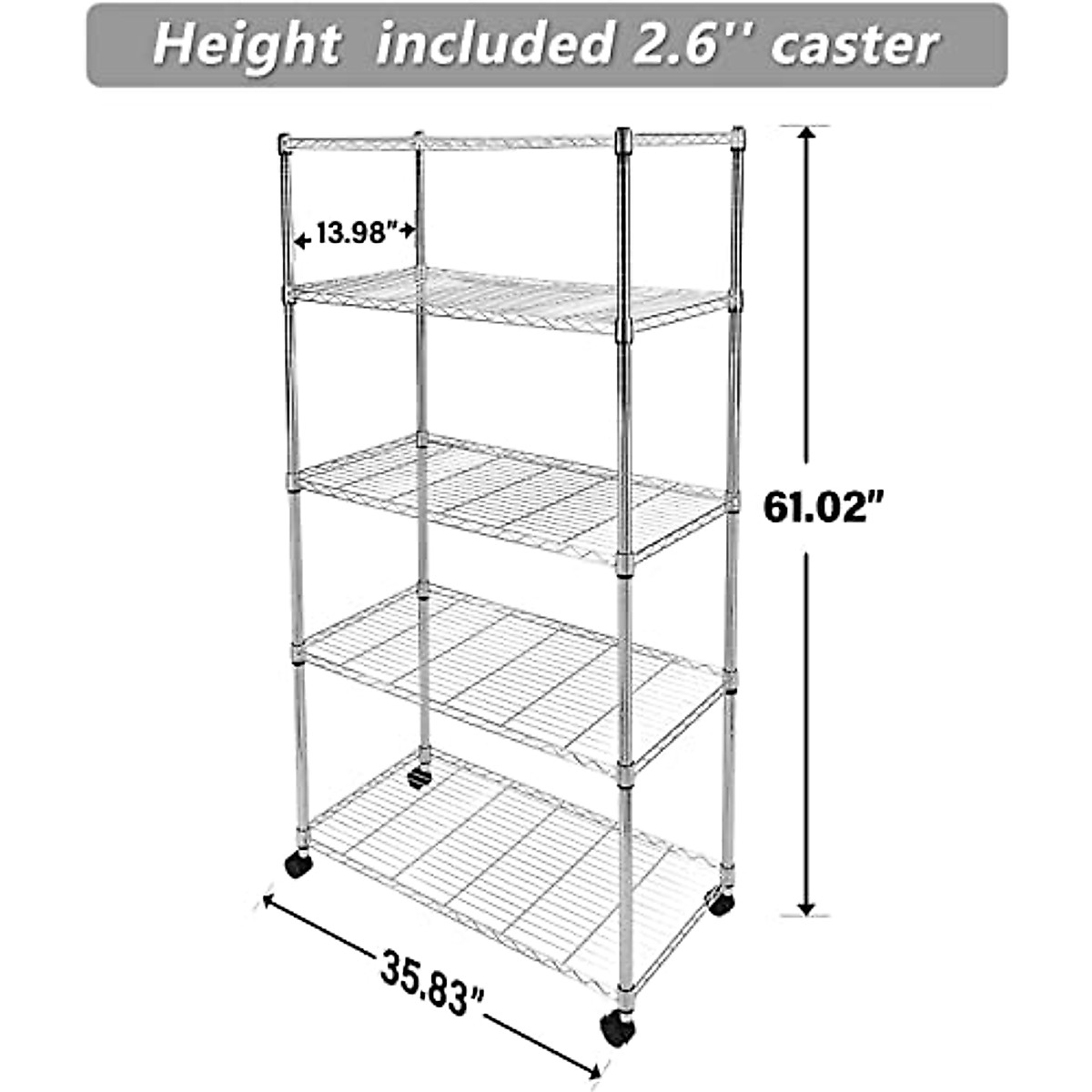 HealSmart Heavy Duty 5-Tier Height Adjustable Metal Shelving Unit, 36'' L x 14'' W x 61.02'' H, Chrome (HKSHLF36146005CV4)