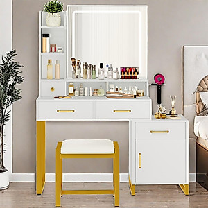 DWVO 43" Vanity Desk with Mirror, Lights, and Power Outlet, Makeup Vanity Set with Adjustable 3-Mode Lighting, Vanity Desk with Multiple Storage Options, and Stool, Bedroom Beautification, White