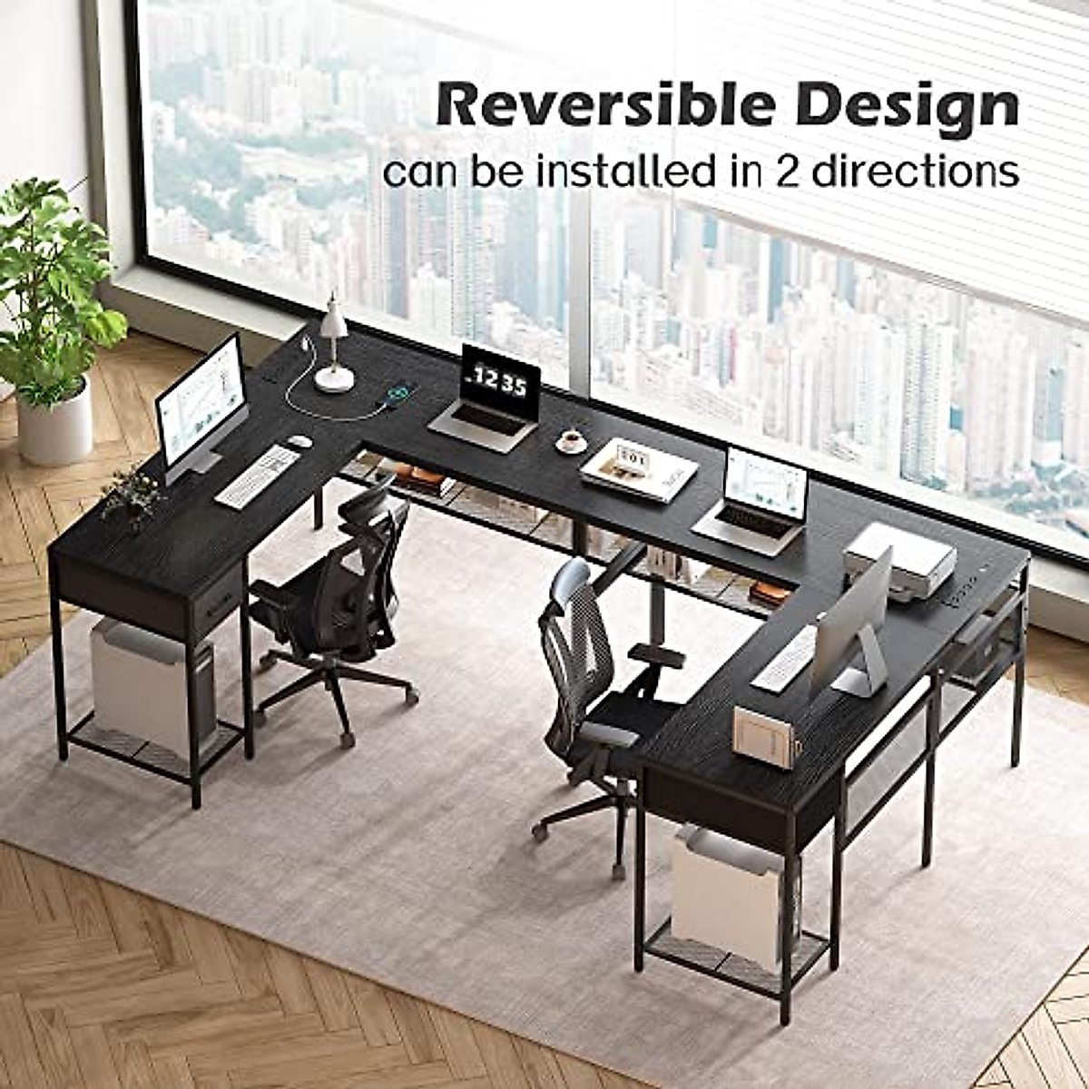 SUPERJARE L Shaped Desk with Power Outlets, Computer Desk with Drawer, Reversible Corner Desk with Grid Storage Bookshelf, Home Office Desk, Black