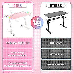HomeMiYN Gaming Desk with LED Lights, 43.3'' Z Shaped RGB Effect Lighting Ergonomic Computer Game Desk PC Table Workstation with Headphone Hook & Cup Holder, Pink