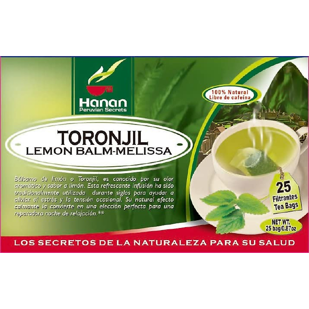 Hanan Peruvian Secrets Lemon Balm Tea (Toronjil) - 25 Teabags of Herbal Tea - Melissa Herb for Relaxing Herbal Tea - Natural Dried Plant Leaves from Peru (not extract) – Melissa officinalis