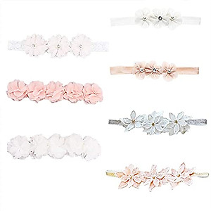 Asufegucd Baby Toddler Elastic Chiffon Flower Headbands Princess Girls Hand Sewing Beads Flower Headwear Nylon (QJ318)