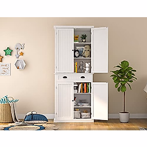 Yusong 72'' Tall Kitchen Pantry Cabinet, Farmhouse Storage Cabinet with 4 Doors, Drawer and Adjustable Shelf, Freestanding Wooden Cupboard Buffet for Home Dining Room Living Room Entryway, White