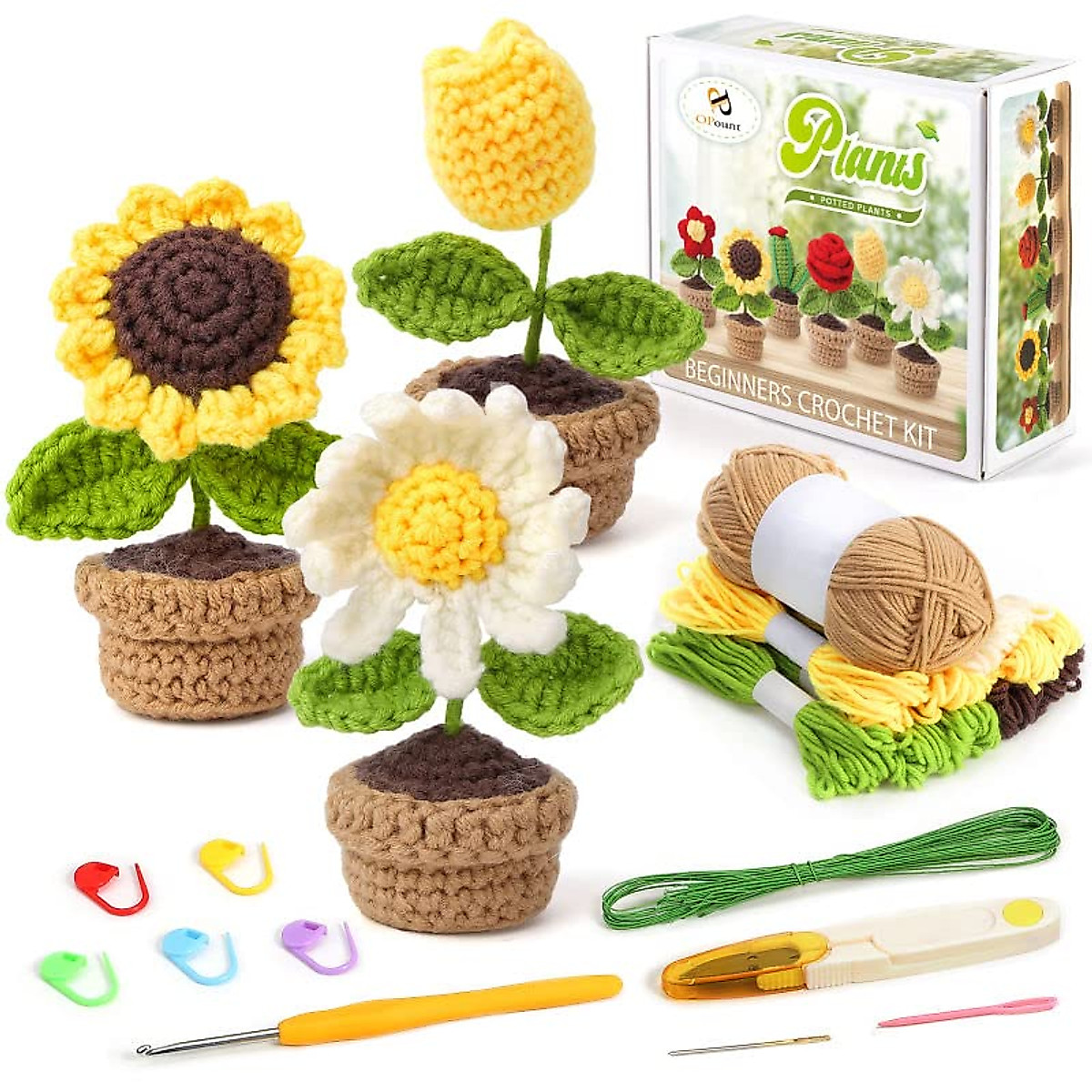 PP OPOUNT Beginner Crochet Kit - 3 PCS Potted Plants, Complete Crochet Kit for Beginners, Starter Pack for Adults and Kids with Step-by-Step Instructions and Video Tutorials
