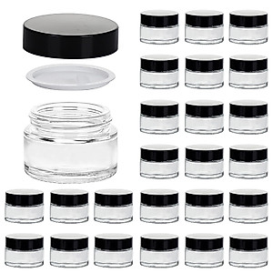 1oz Glass Jar with Lid, Hoa Kinh 25Pack Clear Round Containers Cosmetic Glass Jars with Inner Liners and Black Lids Travel Jars for Storing Lip and Body Scrub, Lotion, Body Butter, Bath Salts, Liquid