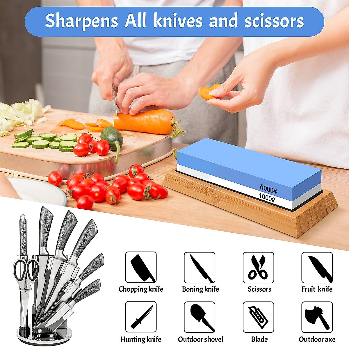 Sharpening Stone Whetstone Set 2 Side Grit 1000/6000, Professional Whetstone Knife Sharpener, Knife Sharpening Stone Kit with Bamboo Base, Flatting Stone, Angle Guide