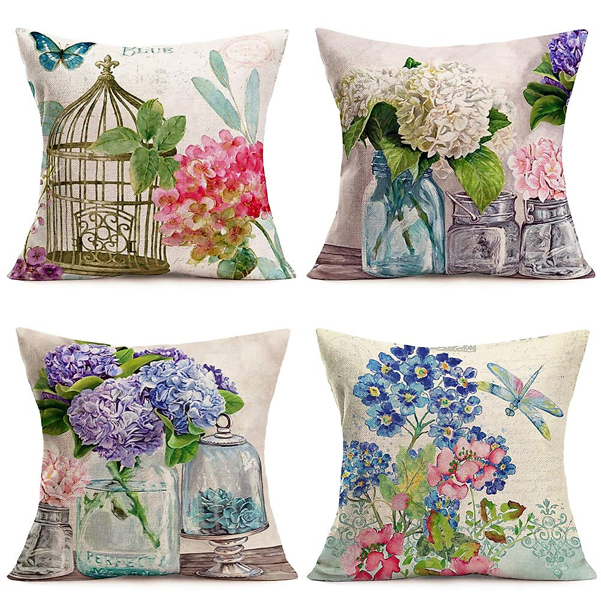 Hopyeer 4Pcs Rustic Romantic Outdoor Floral Decor Throw Pillow Covers Hydrangea Flowers Bird Nest Bottle Dragonflies Butterflies Cotton Linen Pillowcase Home Sofa Cushion Cover 18"x18"(RR-Floral)