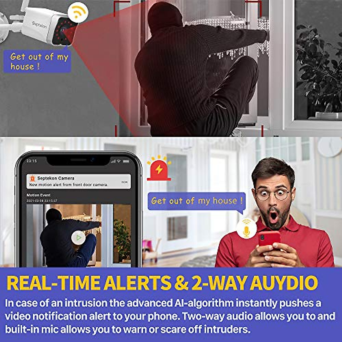 Septekon Security Camera Outdoor, 1080P WiFi Home Surveillance Camera, IP66 Waterproof FHD Night Vision Cameras with Motion Detection, 2-Way Audio, Cloud Storage, Work with Alexa - S50