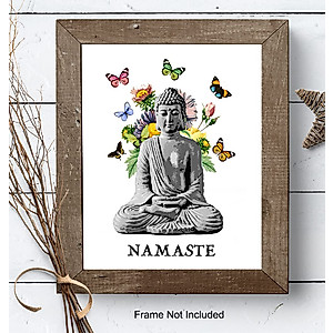Namaste Buddhism Buddha Statue Wall Art Print - 8x10 Photo, Home Decor, Meditation Room, Spa or Yoga Studio Decoration - Boho Zen New Age Gift - Unframed Butterfly Poster Picture