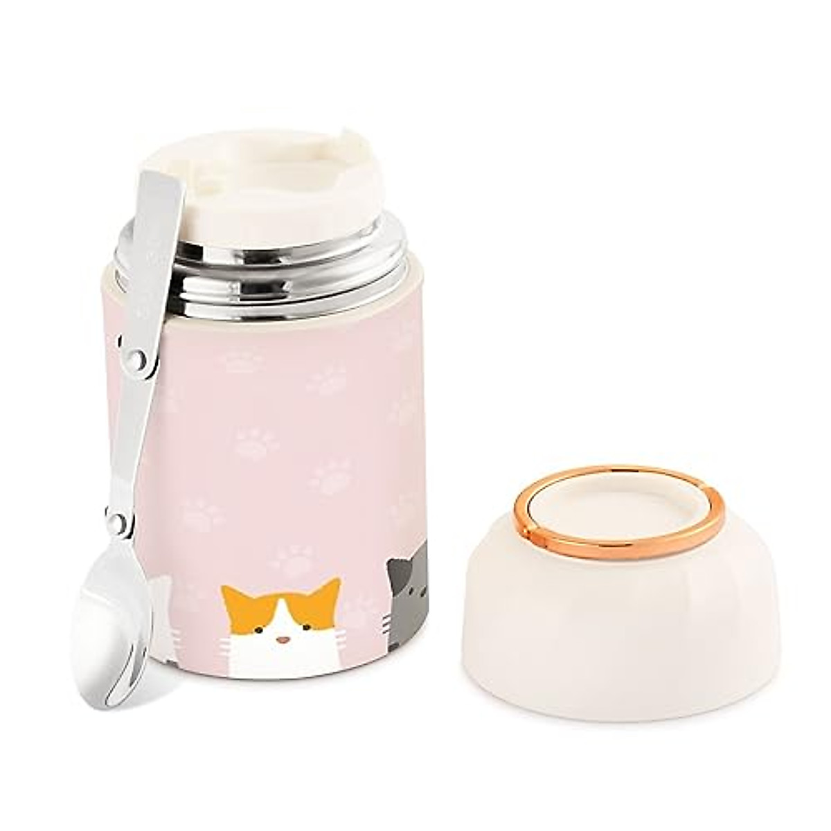 CUPADA Cats Paws Food Jar for Hot and Cold, Pink Cute Insulated Food Jars Vacuum 17OZ with Folding Spoon for Work Trip Picnic Camping