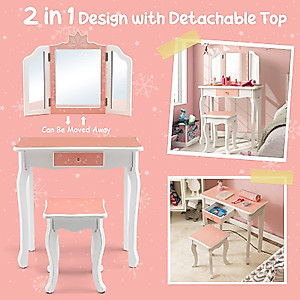 Costzon Kids Vanity Table and Chair Set, Girls Vanity Set with Mirror and Stool, Storage Drawer, Wooden Princess Makeup Dressing Table, Toddler Vanity, Pretend Play Vanity Set for Little Girls