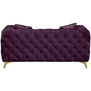 Meridian Furniture Kingdom Collection Velvet Upholstered Loveseat with Deep Button Tufting & Sturdy Gold Metal Legs, Purple