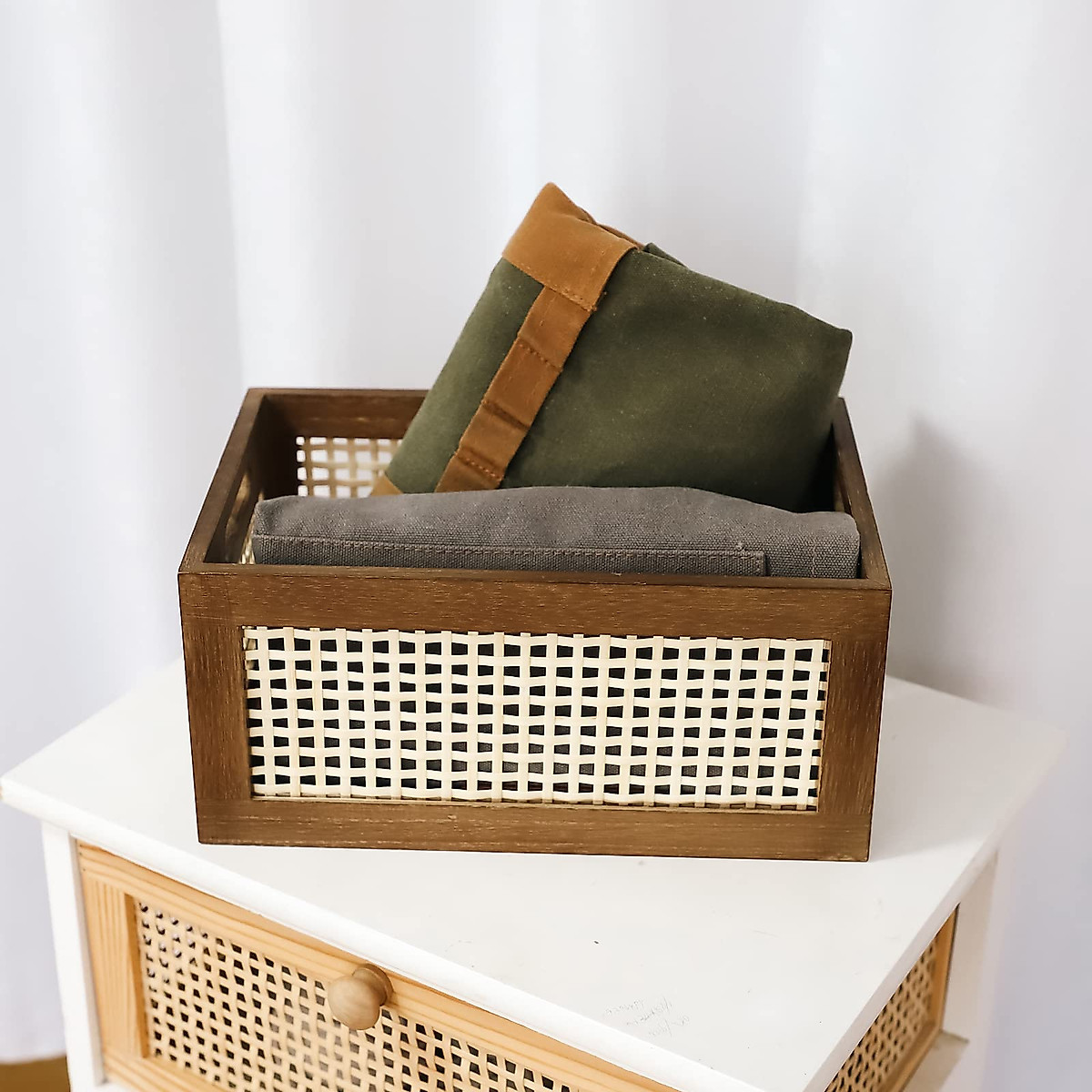 CINWEN Decorative Vintage Wooden Crate Storage Box, Rustic Pine Wood Organizer Bin Basket w/ Built-In Handles for Kitchen Pantry, Cupboard, Cabinet, Counter, Home Sort Collection - Natural Pine