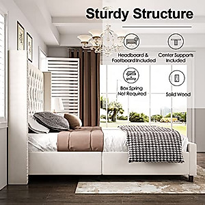 PaPaJet King Platform Bed Frame 61.4" Handmade Headboard Velvet Tall Upholstered Bed Deep Button Tufted/No Box Spring Required/Wood Slat Support/Easy Assembly/Cream