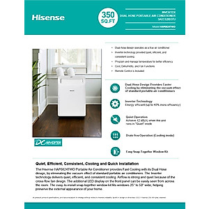 Hisense 8,000 BTU Portable Air Conditioner with Dual Hose & Inverter, 350 Sq Ft, Wi-Fi, ConnectLife App for Google and Alexa, 3 operating modes, Noise 42 dB(A) - HAP0824TWD (Renewed)