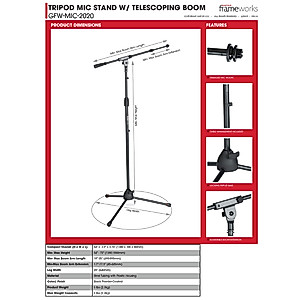 Gator Frameworks Tripod Mic Stand with Soft Grip Twist Clutch, Boom Arm, and Both 3/8" and 5/8" Adapters; Min/Max Height - 6"/99" (GFW-MIC-2020),Black