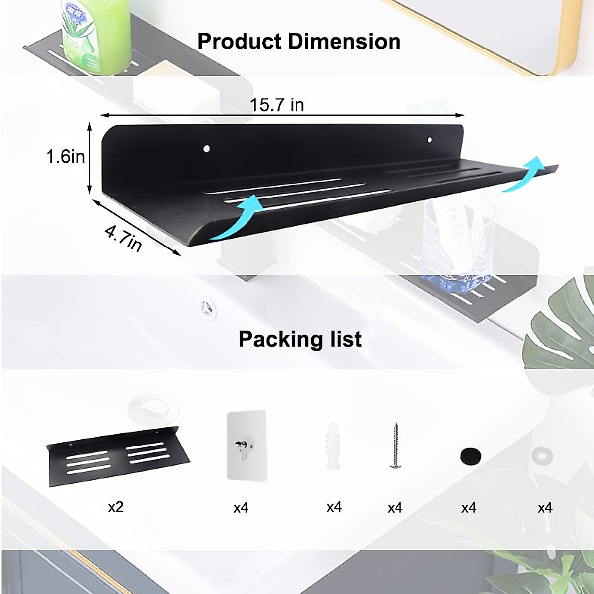 Floating Shelves Set of 2 for Bathroom, 15.7 x 4.7 inch, Wall Mounted Floating Tray,Narrow Counter Organizer Shelf, Self Adhesive Shower Shelves for Bathroom, Laundry Room,Kitchen, Farmhouse, RV