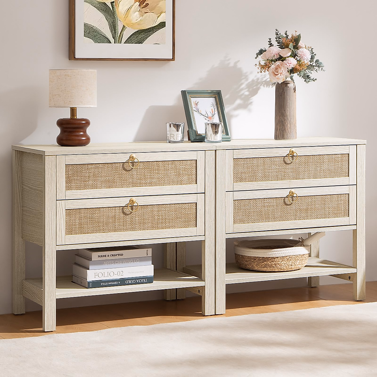 SICOTAS White Night Stand Set of 2, Large Nightstand with Drawers and Storage Shelf - Rattan Boho Bedside Table Narrow Side Table for Bedroom, Small Space