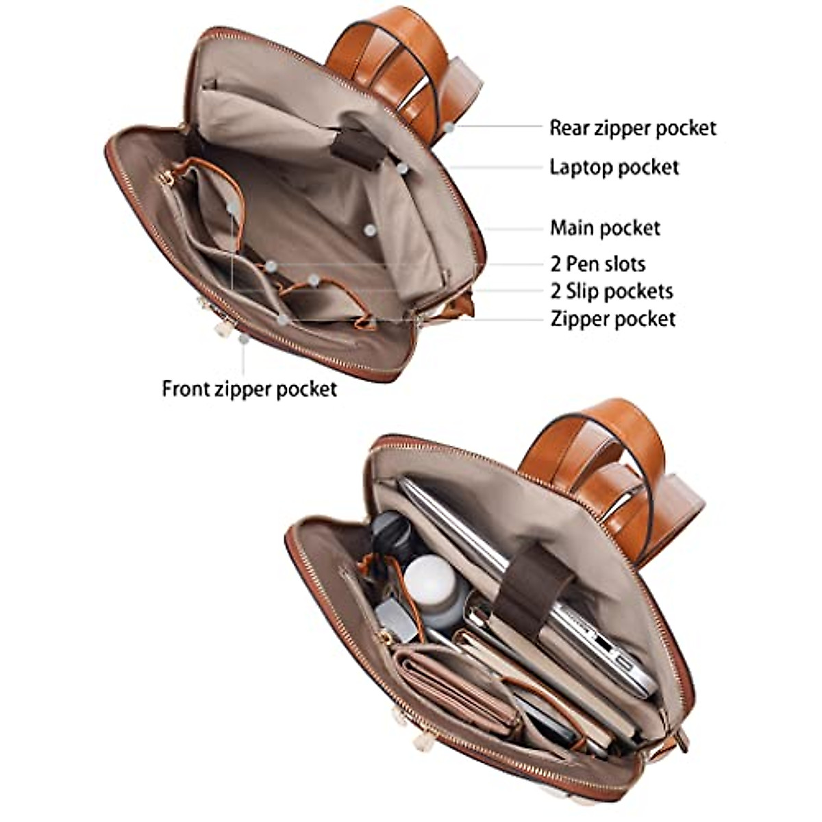 BOSTANTEN Leather Laptop Backpack for Women, 15.6 inch Computer Backpack College Business Large Daypack Work Travel Bag Beige with Brown