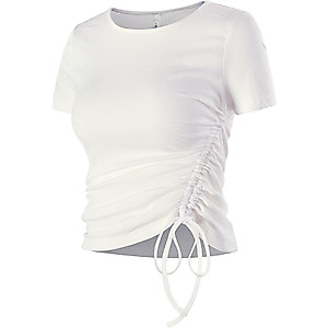 Athletic Tops for Women Short Sleeve,Workout Crop Top Fitted Yoga Shirt Drawstring Side Ruched(Off White-047,M)