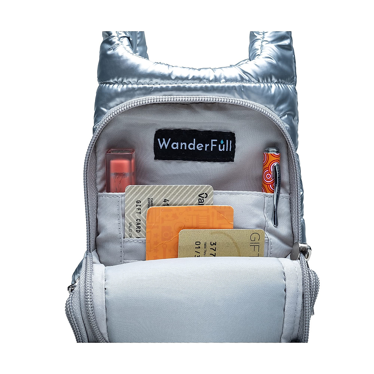 WanderFull Crossbody HydroBag | Quilted Water Bottle Carrier & Strap | Stylish Puffer Tote for Water Bottle | Silver Metallic & Interchangeable Striped Strap