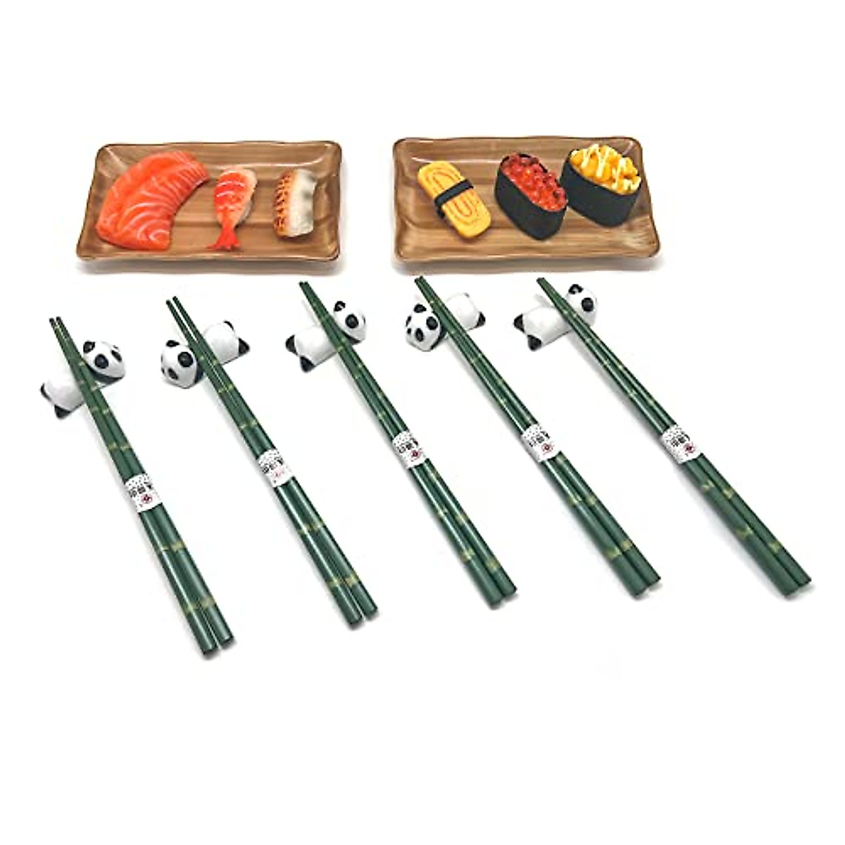 LANHUTHS Wooden Chopsticks Reusable 5 Pairs Gift Set with 5pcs porcelain rest Panda and Green Bamboo Design Hand-Made 8.8 Inch/22.5cm