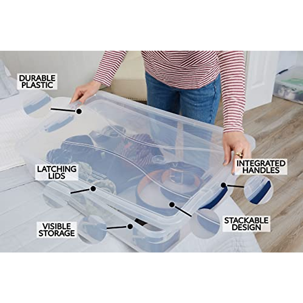 Rubbermaid Cleverstore Clear 41 Qt/10.25 Gal, Pack of 4 Stackable Plastic Containers with Durable Latching Clear Lids, Visible Storage, Great for Craft, Tool, and Toy Storage