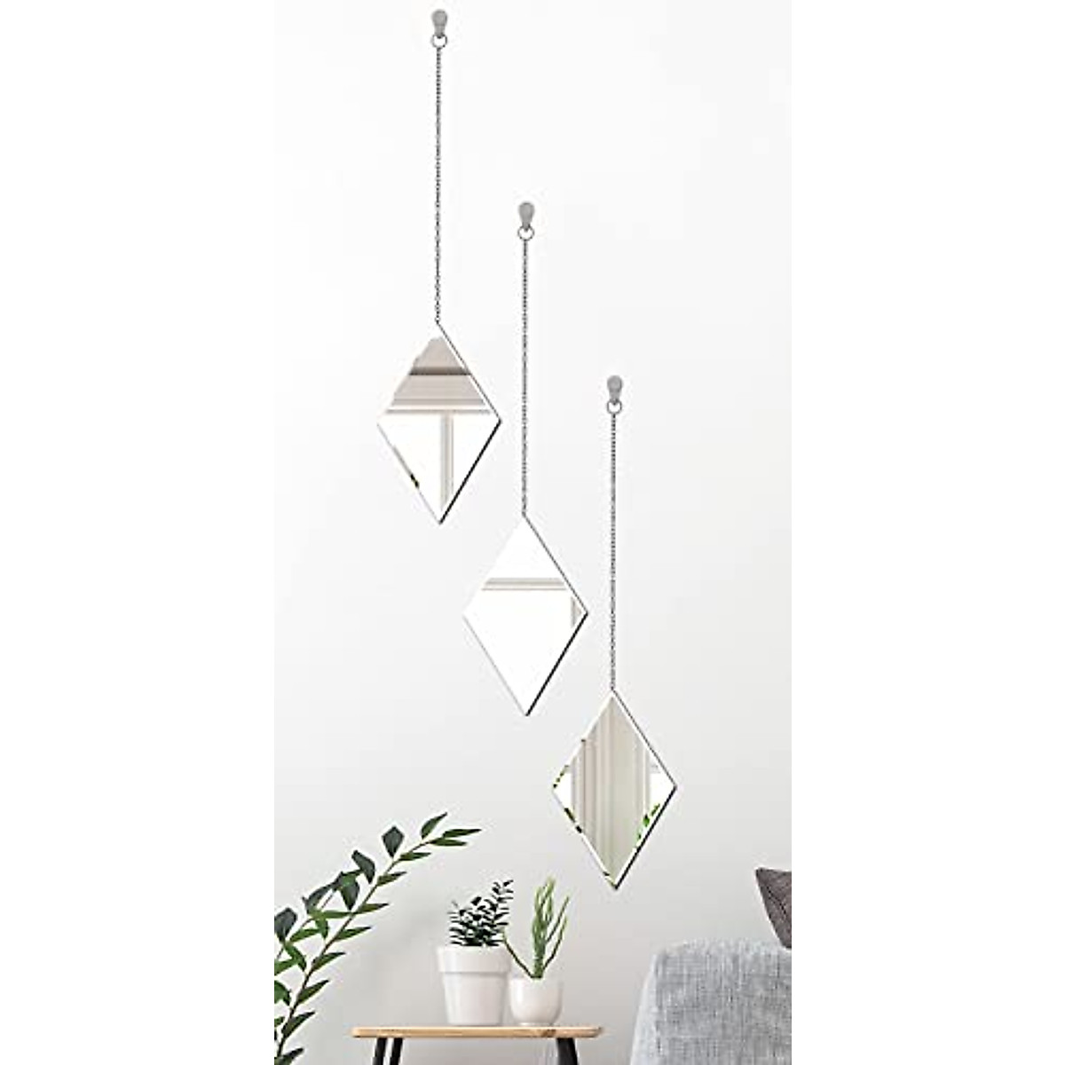 LYLDACER Yanliff Diamond Shape Decorative Wall Mirror.Set of 3,Hanging Chain Frameless Mirror. 8X13inches,Small Decor Mirror.