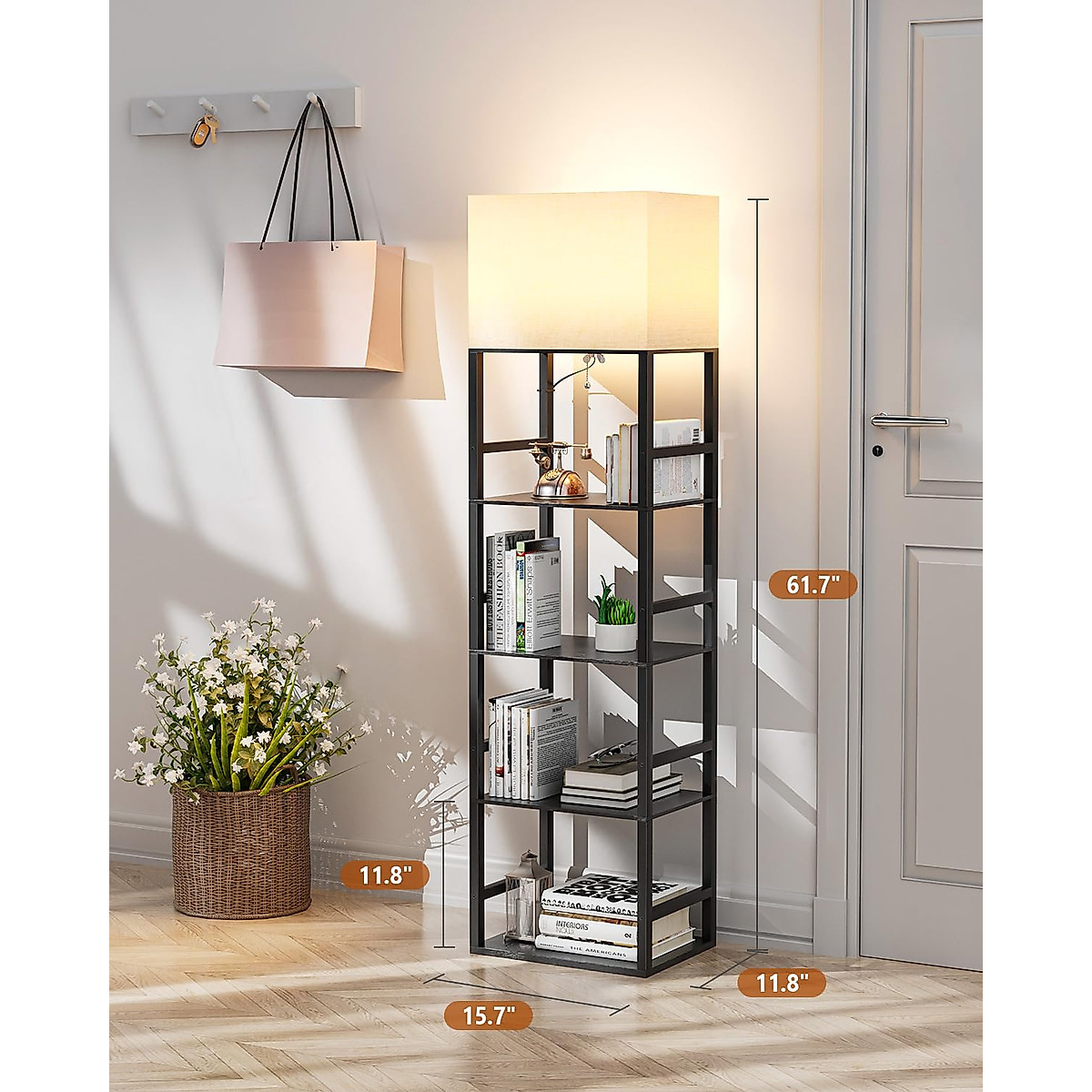 Evermagin 15.7" W Floor Lamp with Shelves, Standing Shelf Lamps for Living Room, 4 Tier Corner Display Book Shelf with Light for Bedroom and Home Decor, Black