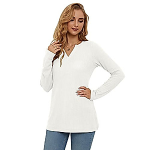 AUSELILY Women Casual Long Sleeve Waffle Knit Solid Color V-Neck Shirt Tunic White M