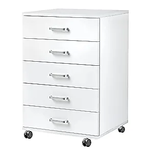 TUSY 5-Drawer Chest, Storage Dresser Cabinet with Wheels, White
