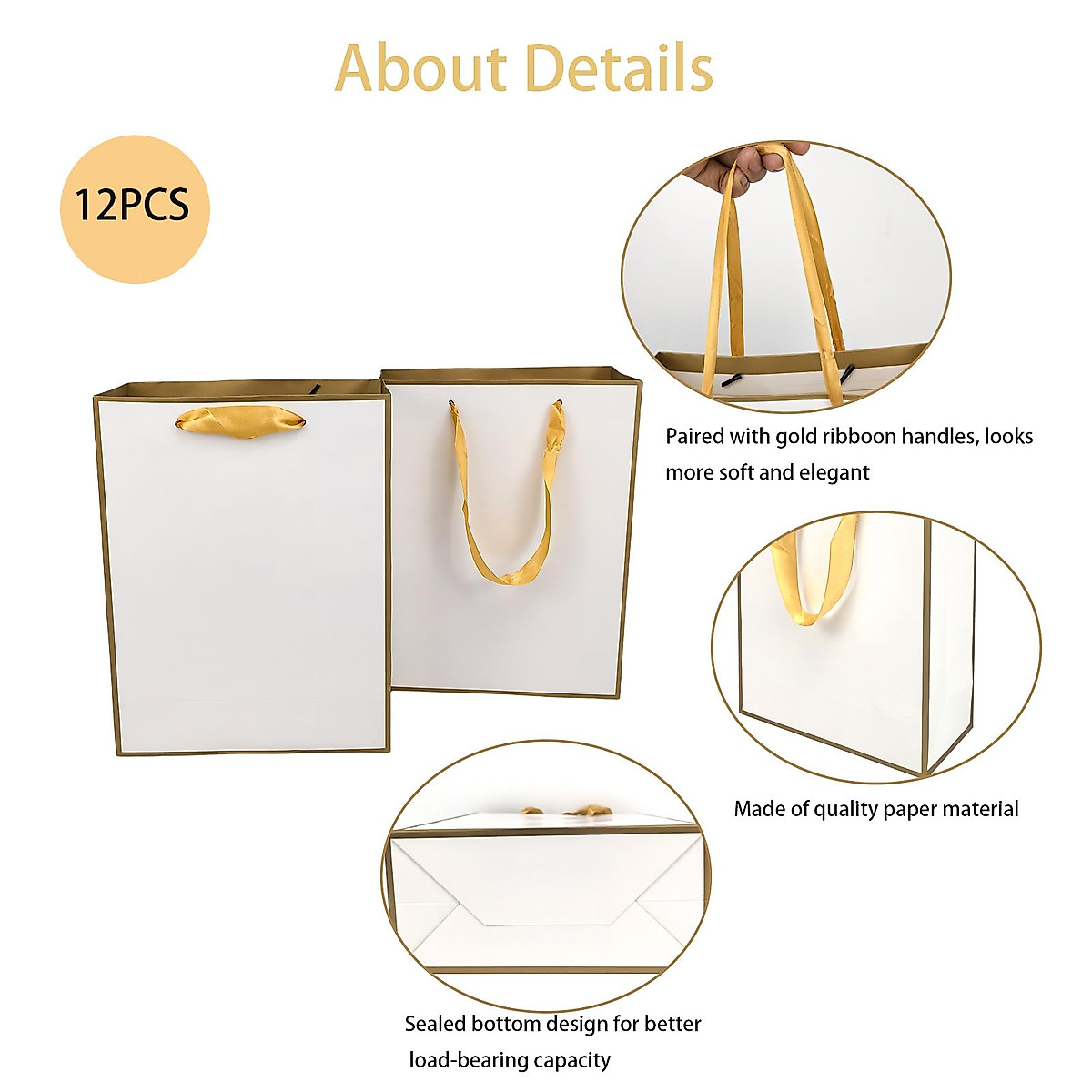 TKSBAG Gift Bags with Handles, 12 Pack 11.3 x 8.6 x 3.9 Gift Bags Medium size, White Gold Thank You Bags for Wedding, Birthday, Bridal shower, bridesmaid, Groomsmen