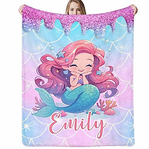 Jaydouble Custom Blankets with Name for Children, Personalized Gifts Black Mermaid Throw Blanket for Boys Girls