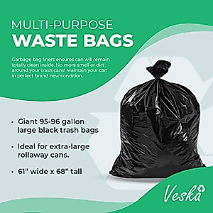Veska 95 Gallon Trash Bags (Huge 50 Bags w/Ties) 95-96 Gallon Trash Bags Large Black Heavy Duty Can Liners, Large 90 Gal, 95 Gal, 96 Gal,100 Gallon Garbage Can Liners