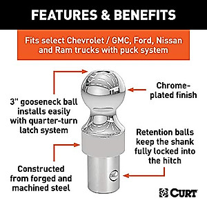 CURT 60634 38K Factory Style 3-Inch Gooseneck Ball, Fits Select Chevrolet Ford, GMC, Nissan Titan XD, Ram, Puck System Required
