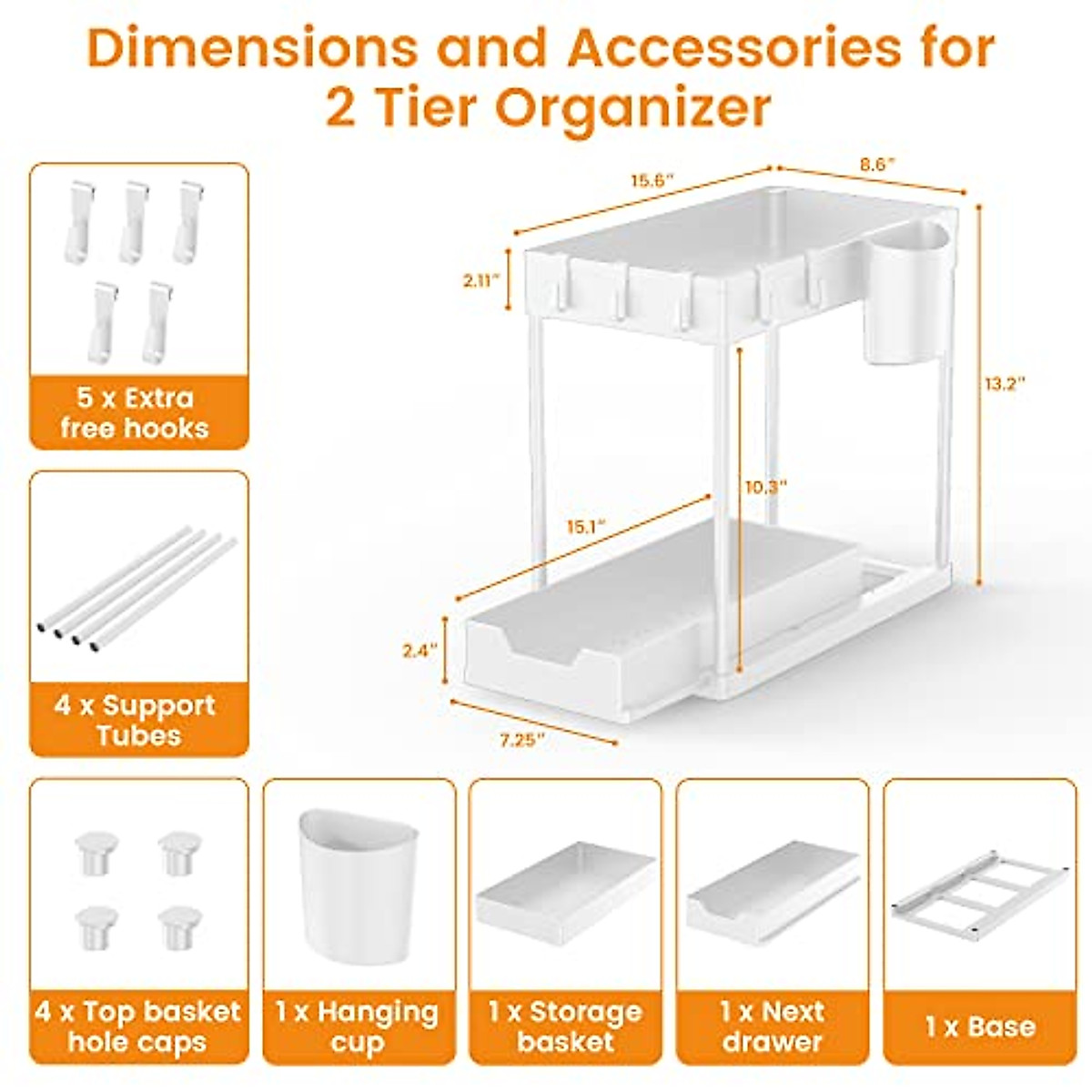 EWU Under Sink Organizers and Storage, 2 Tier Under Sink Organizer with Sliding Storage Drawer, Multi-purpose Storage Shelf for Kitchen Bathroom Bedroom with Hanging Cup and 5 Hooks, White