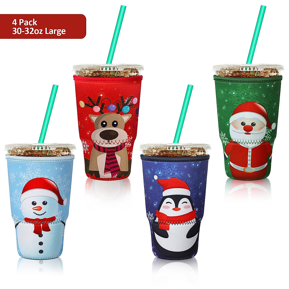 Patelai 4 Pieces Christmas Reusable Coffee Sleeve Cup Insulator for 30-32 oz Cold Drinks Beverages and Holder for Most Coffee