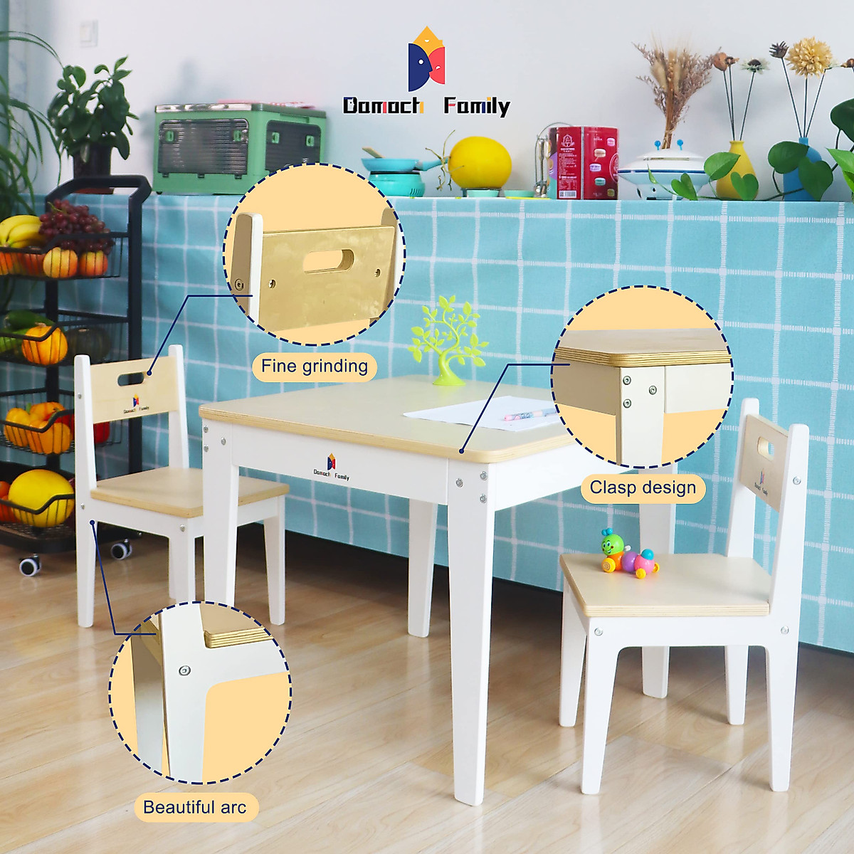Damoch Family™ Wood Kid Table and Chair Set for Children Aged 2+ for Home and Montessori School Use with Several Color Choices (White+Grey)