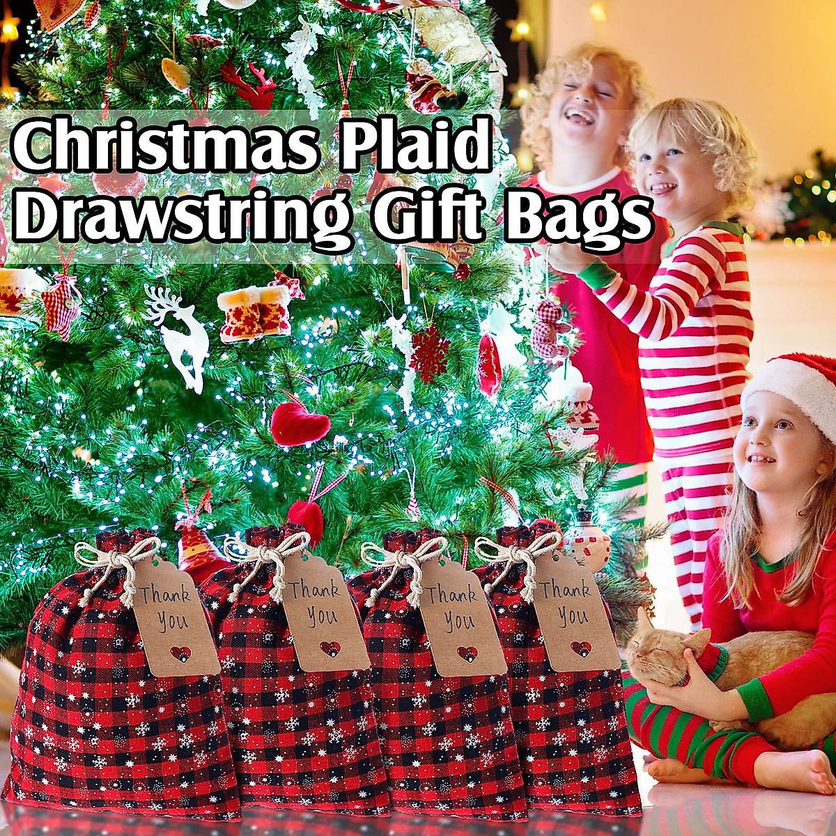 Shappy 24 Pcs Christmas Drawstring Bags Xmas Buffalo Plaid Burlap Candy Bags Linen Treat Bags with 3.28 ft Rope 24 Card (Black Red Snowflake,10 x 8 Inches)