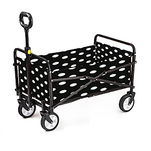 Collapsible Wagon Cart Black and White Polka Dot Foldable Utility Wagon Large Capacity Garden Cart with Push Bar for Beach Camp Outdoor Shopping