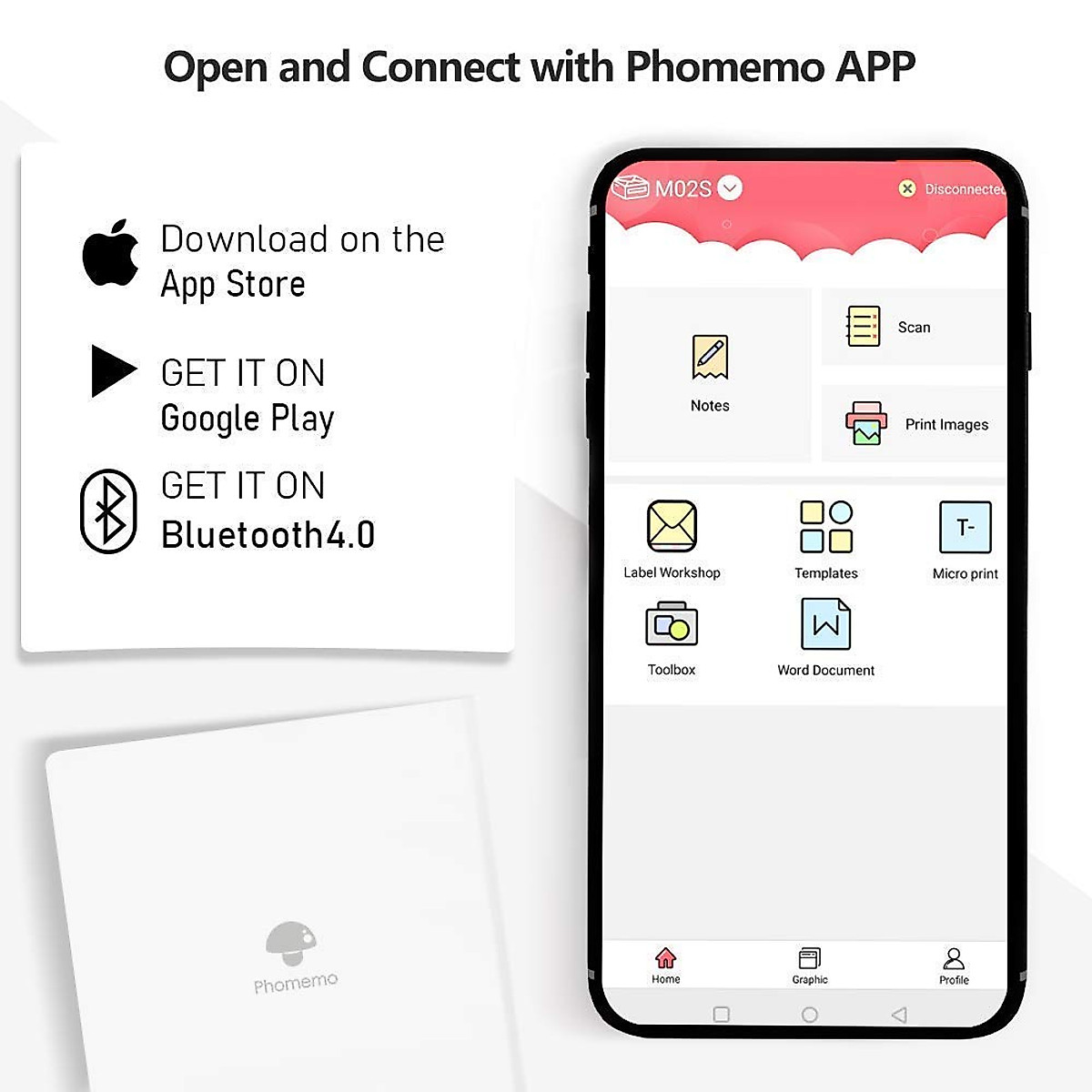 Phomemo M02 Pocket Printer- Mini Bluetooth Thermal Printer with 3 Rolls White Sticker Paper, Compatible with iOS + Android for Learning Assistance, Study Notes, Journal, Fun, Work，White