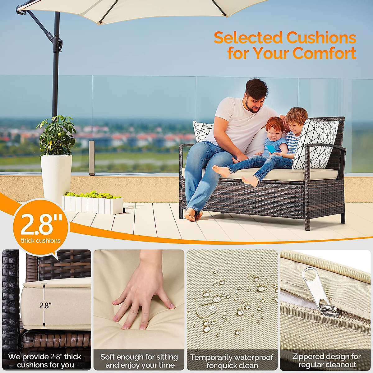 VINGLI 40 Gallon Outdoor Bench with Storage, Wicker Deck Box, Rattan Outdoor Storage Box, Patio Sofa Storage Bench with Cushion for Porch, Yard, Lawn, Garden (Brown)