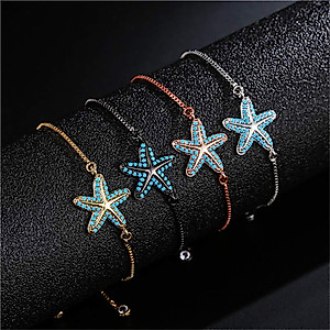 NEWBUY Trendy Starfish Charm Bracelets For Women Turquoise Pave Setting Bracelet Adjustable Length Female Party Jewelry Best Gift For Birthday (White Gold)